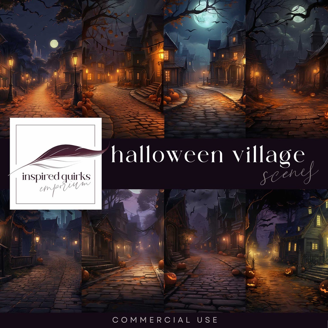 Halloween Village Backdrop, Haunted House Scene, Halloween Pumpkins ...
