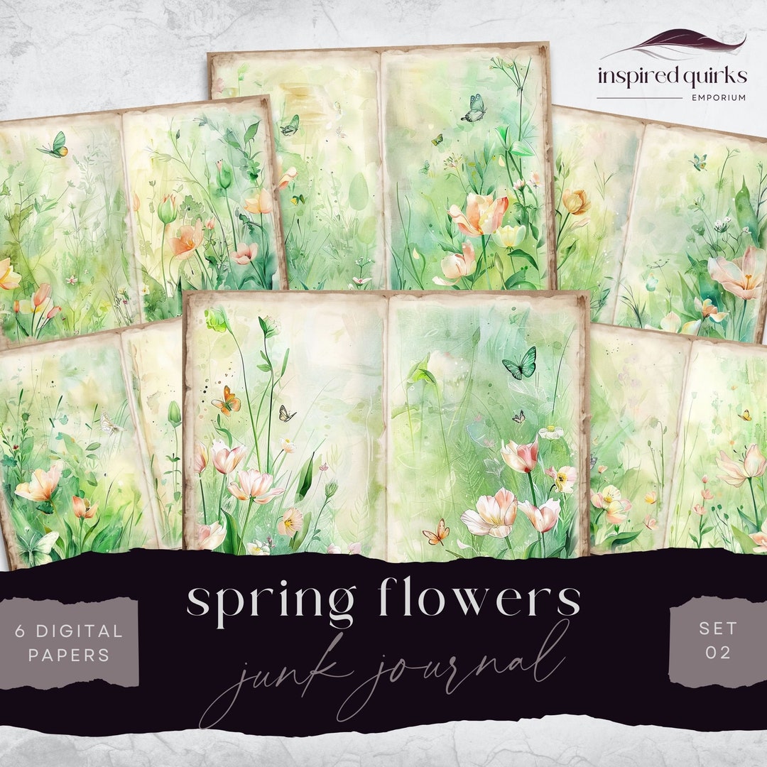 Spring Garden Junk Journal Pages, Green Vintage Floral, 6 Digital ...