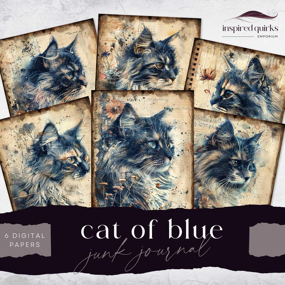Blue Cats Junk Journal, Kitten Stationery Page, 6 Digital Journal Paper ...