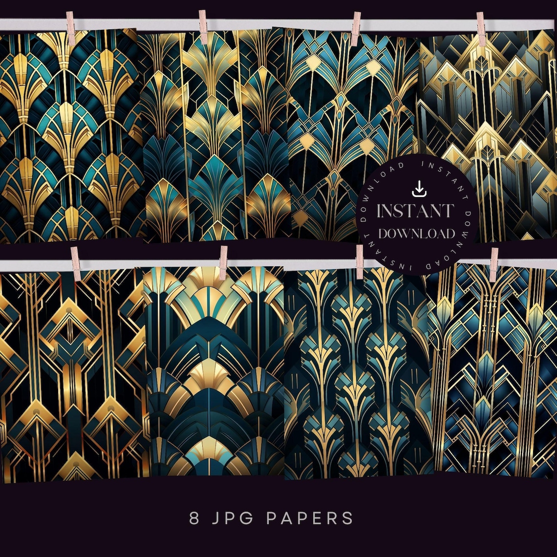 Art Deco Textures, Retro Overlays, Digital Download, Aqua Gold Papers ...