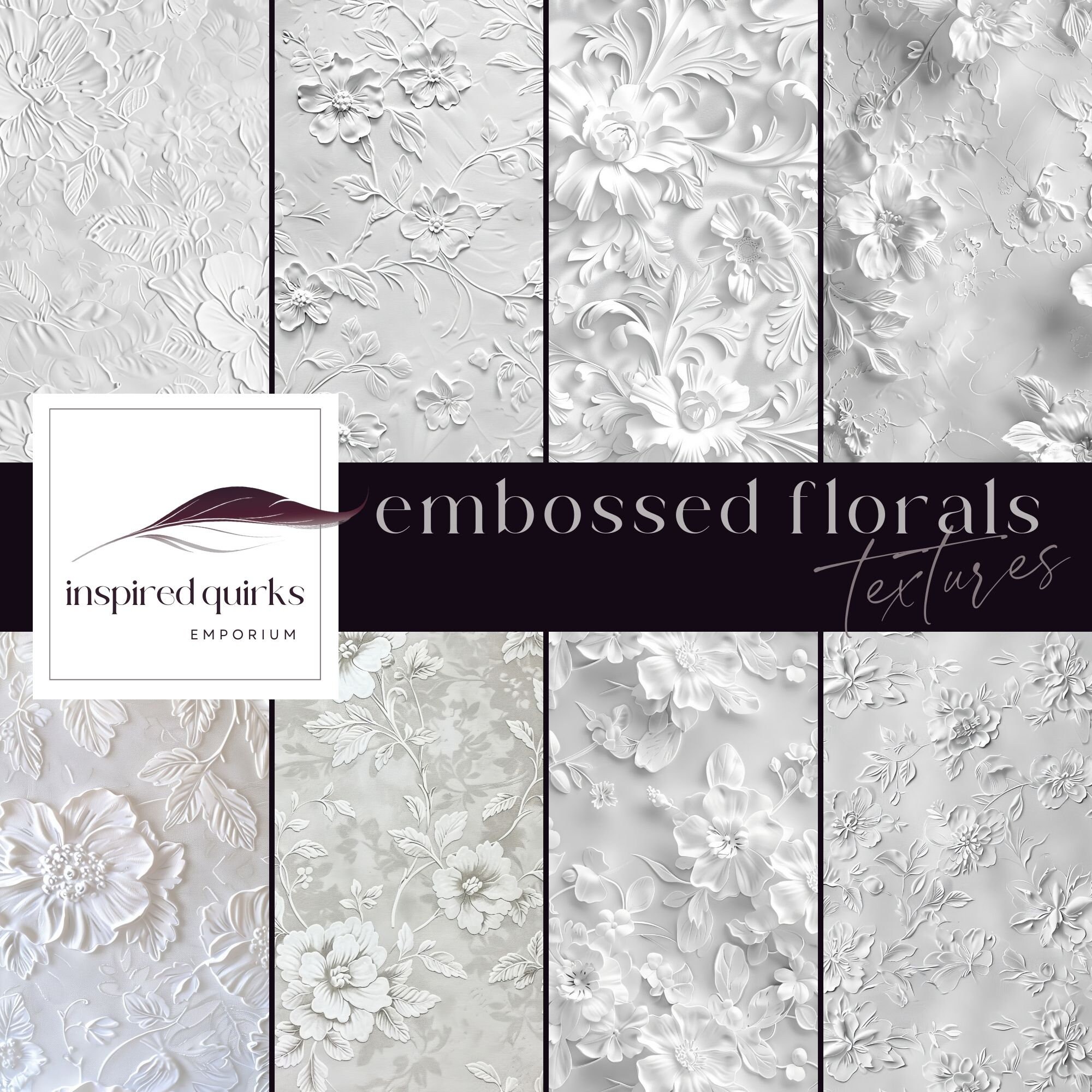 White Embossed Floral Textures, Flower Papers, Digital Wedding Invite ...