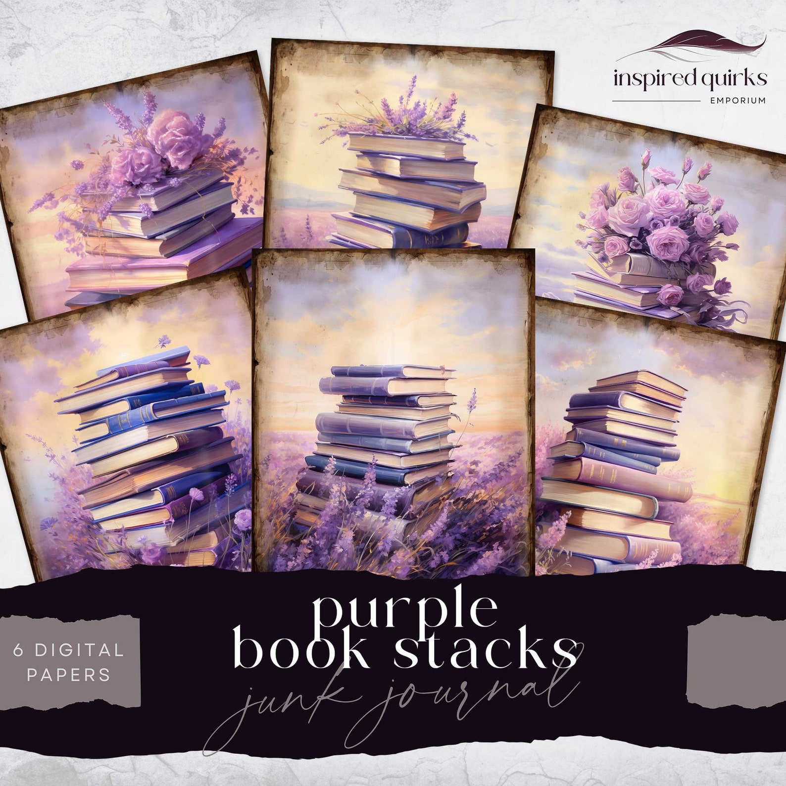 Book Pile Junk Journaling, Vintage Bookstack, 6 Digital Journal Paper, Printable Whimiscal ...
