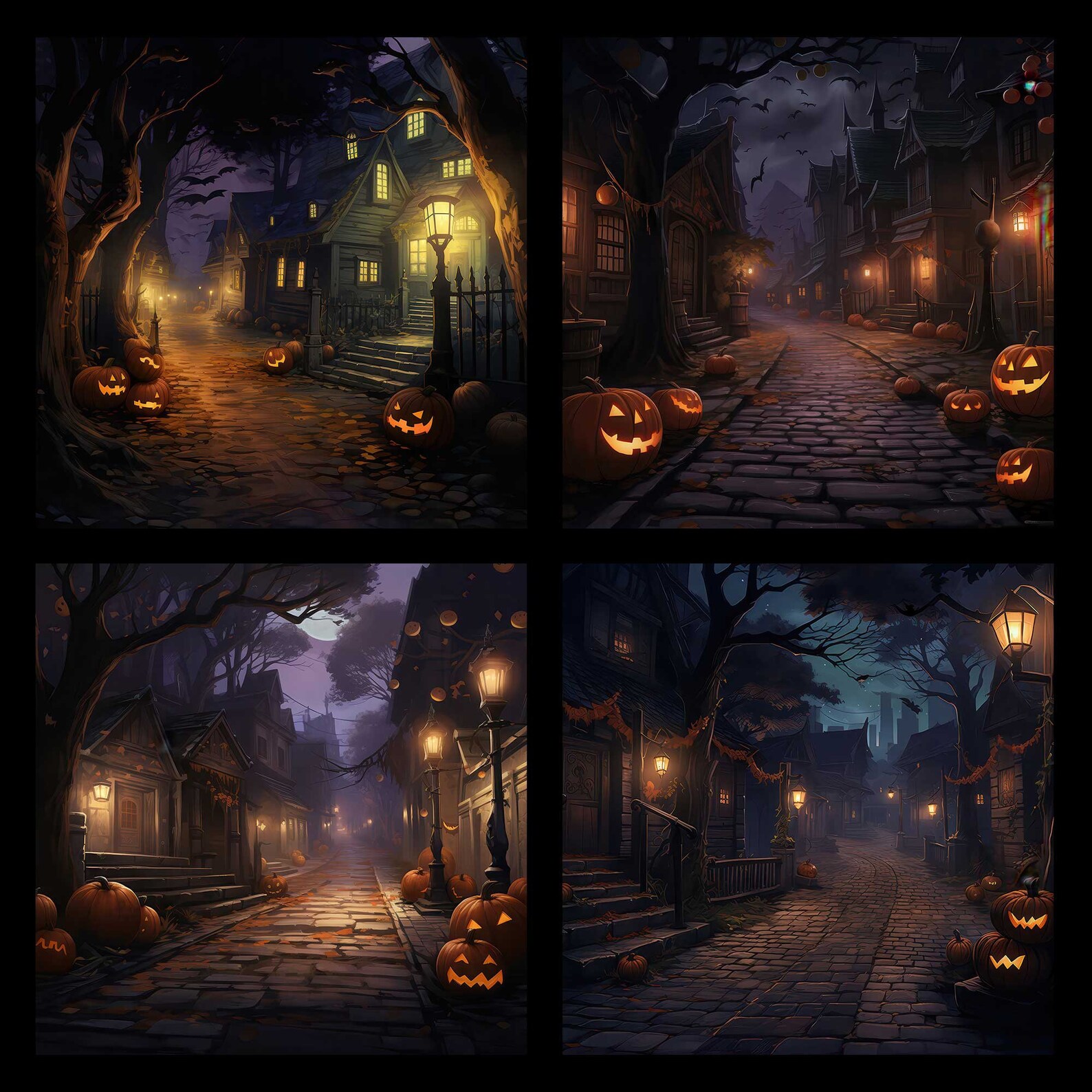 Halloween Village Backdrop, Haunted House Scene, Halloween Pumpkins ...