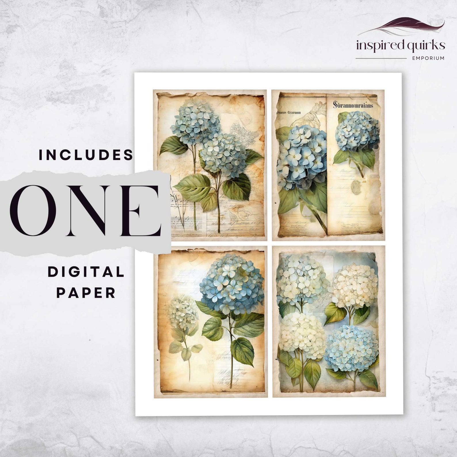 Blue Hydrangea Junk Journal Card Pack, Vintage Ephemera, Flower Digital ...