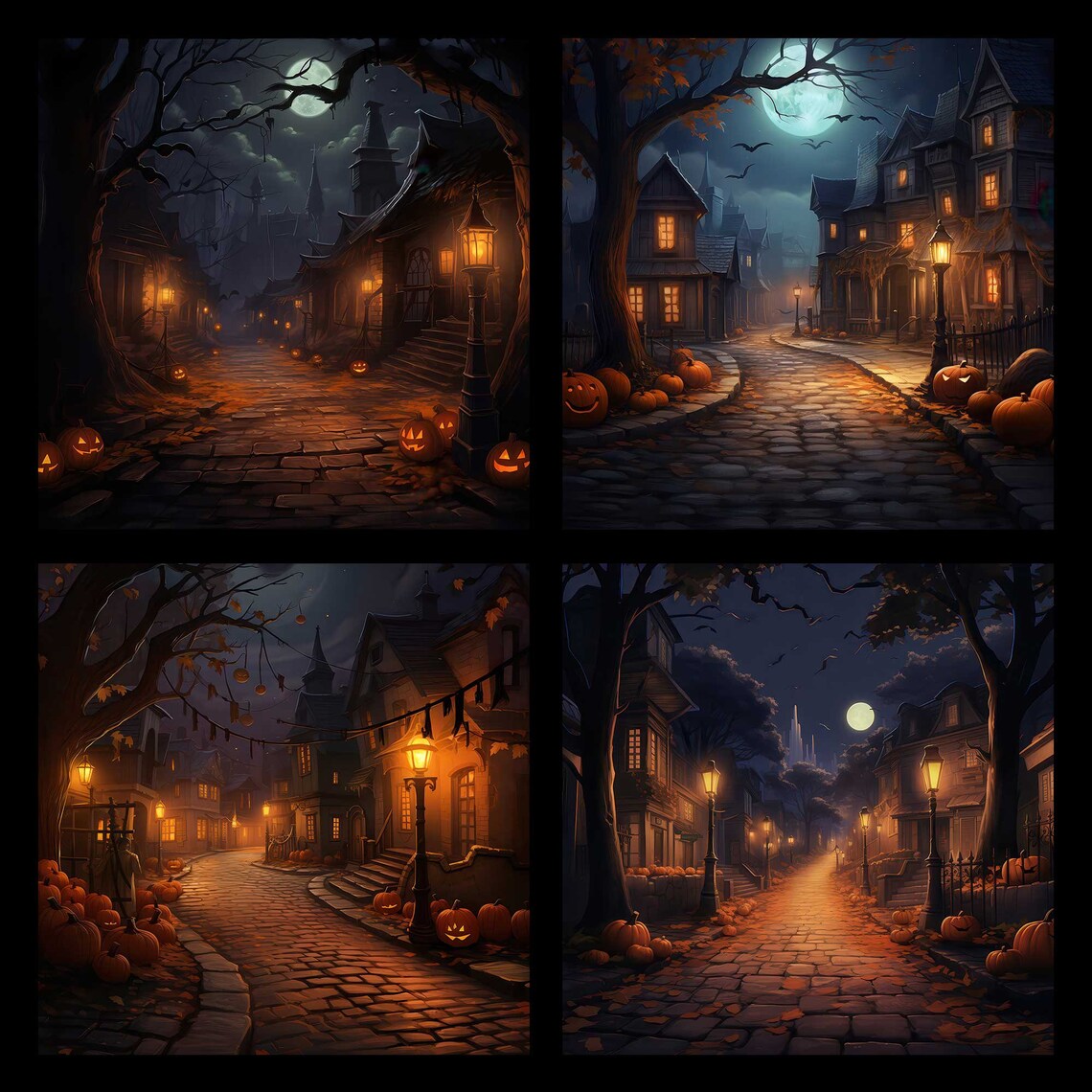 Halloween Village Backdrop, Haunted House Scene, Halloween Pumpkins ...
