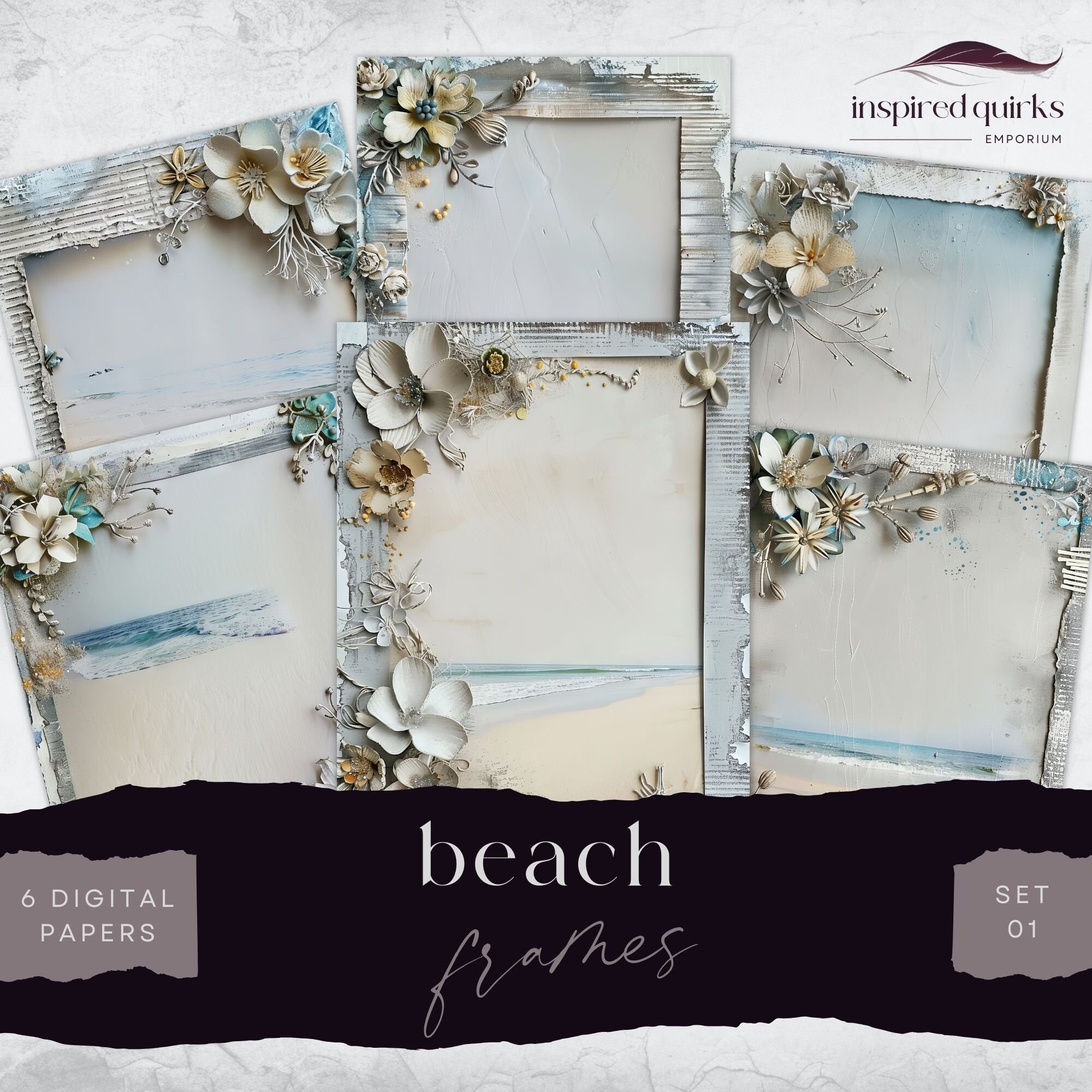 Beach Frame Pages Digital Paper, Floral Borders, Coastal Junk Journal ...