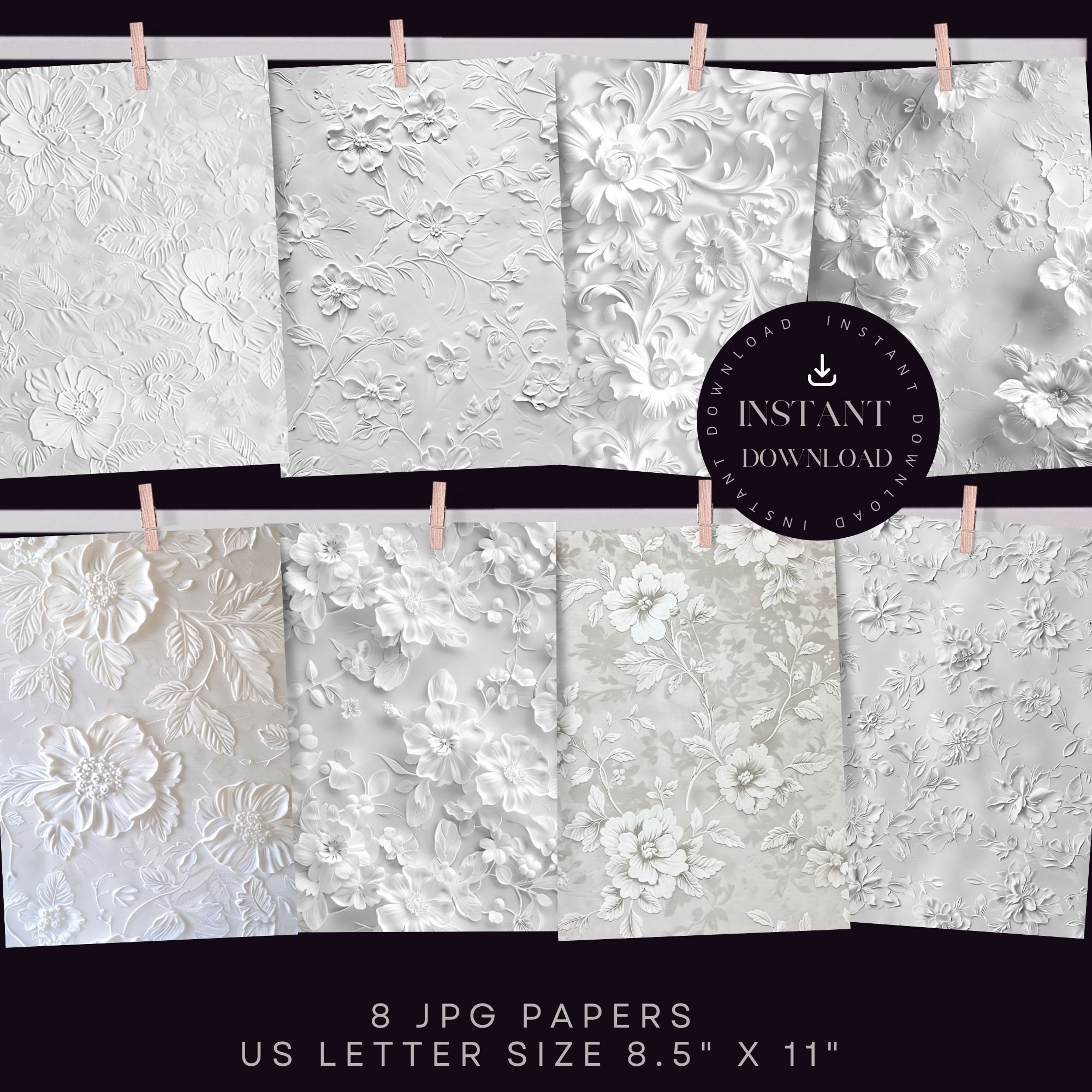 White Embossed Floral Textures, Flower Papers, Digital Wedding Invite ...