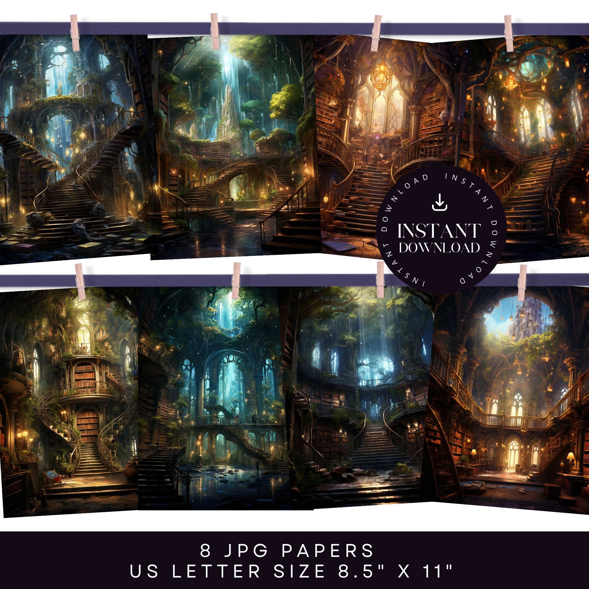 Fantasy Library Digital Papers, INSTANT DOWNLOAD, Book Lover Jpg 300 ...