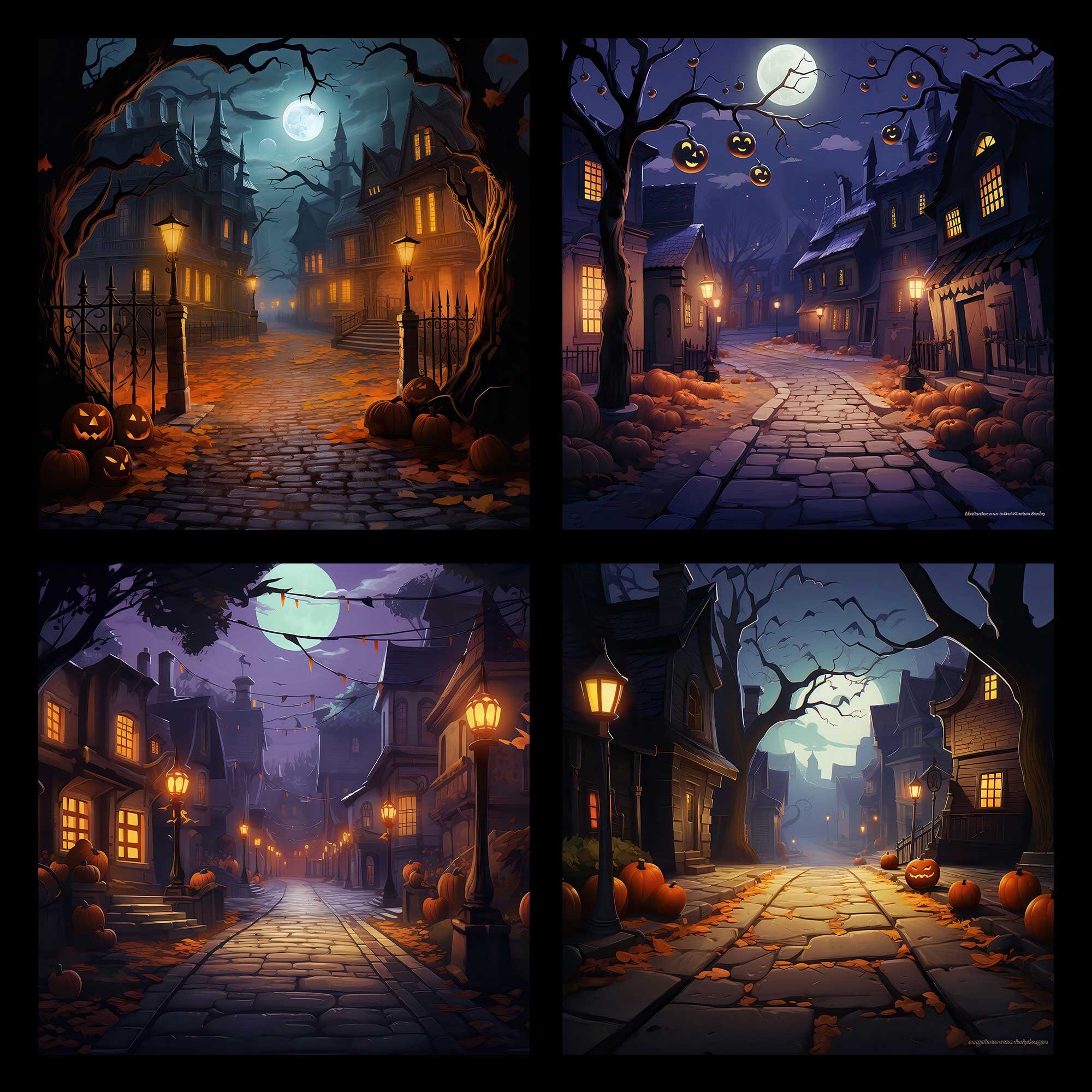Halloween Village Backdrop, Haunted House Scene, Halloween Pumpkins ...