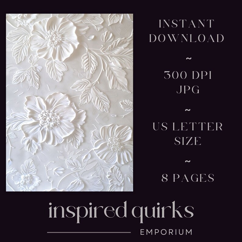 White Embossed Floral Textures, Flower Papers, Digital Wedding Invite ...