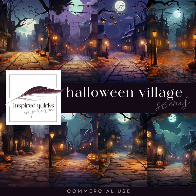 Halloween Village Backdrop, Haunted House Scene, Halloween Pumpkins ...