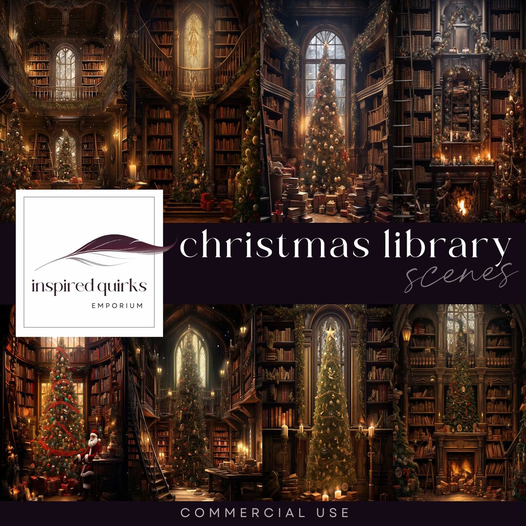 Christmas Library Digital Paper, Reading Room Printable, Festive ...