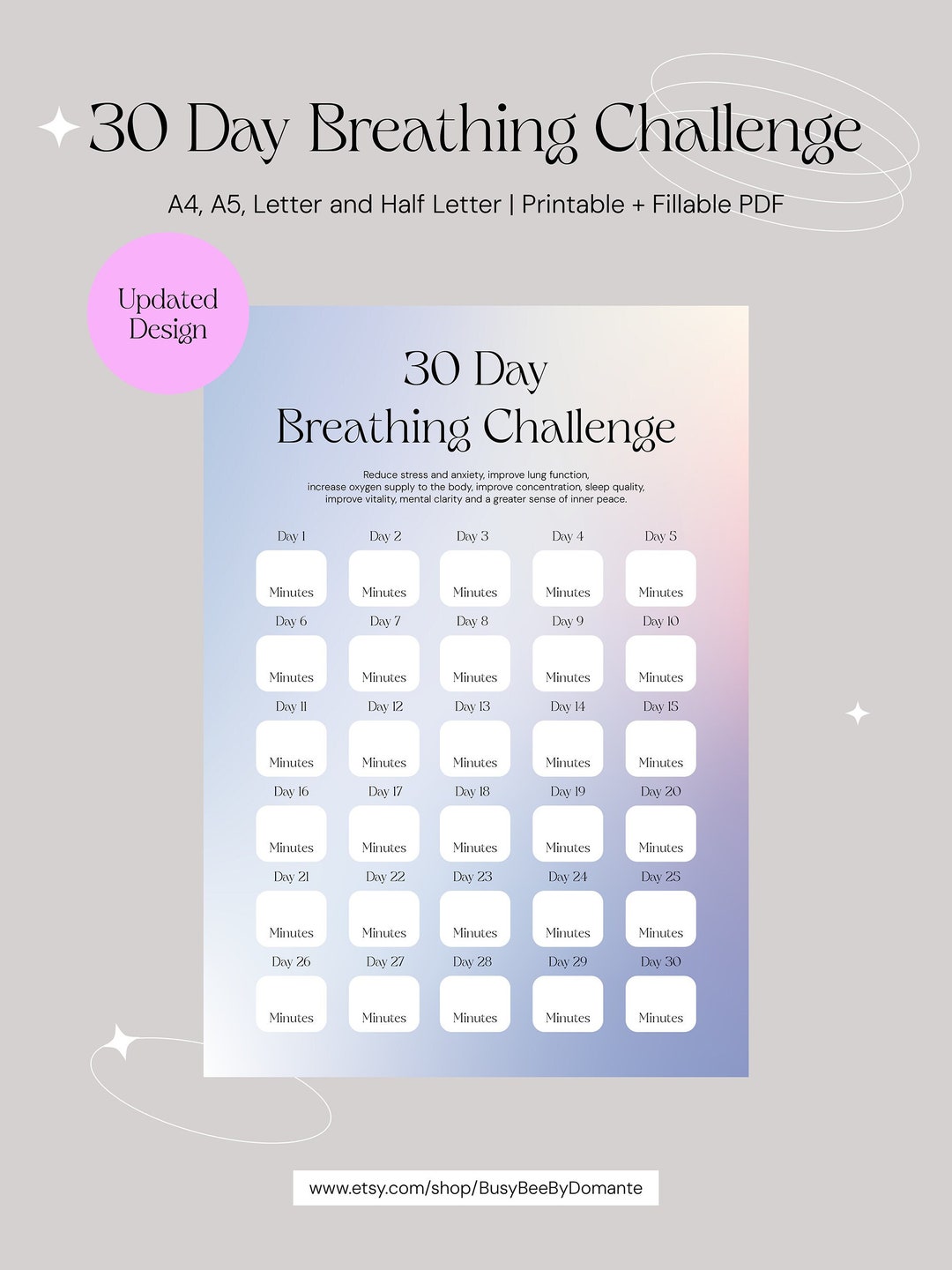 30 Day Breathing Challenge Tracker Printable Instant Download Health ...