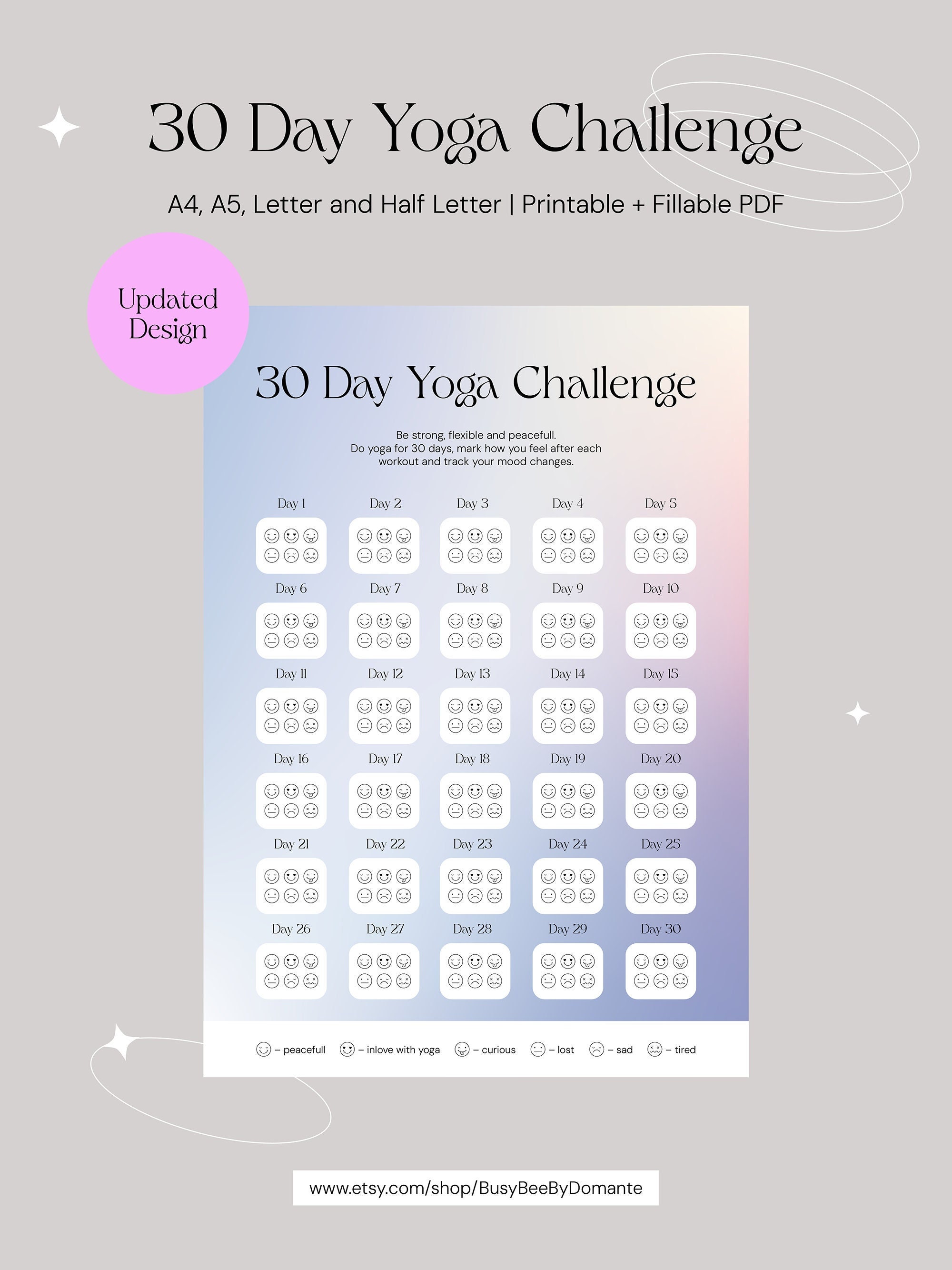 30 Day Yoga Challenge Tracker Printable, Daily Workout Challenge ...