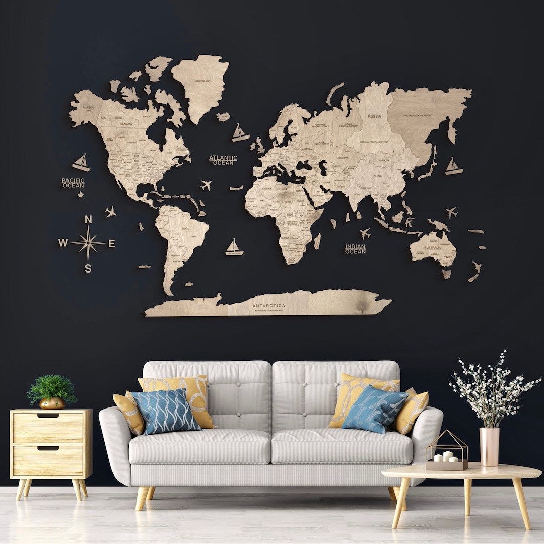 Wooden World Map, Travelers Gift, Decowoodmap World Map, New Home Decor ...