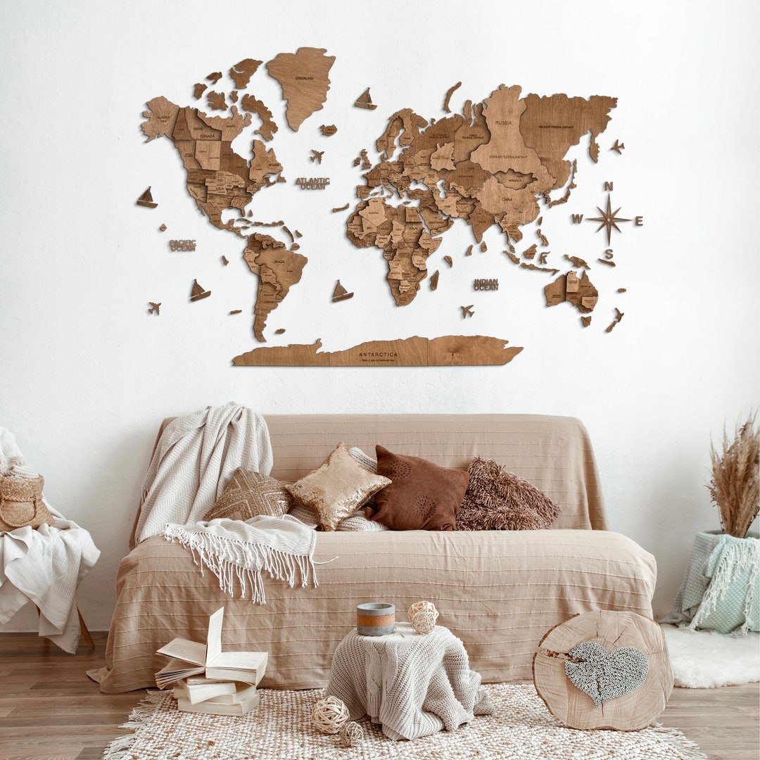Home Decoration, Multicolor Wooden World Map, 3D Decowoodmap, Wooden ...