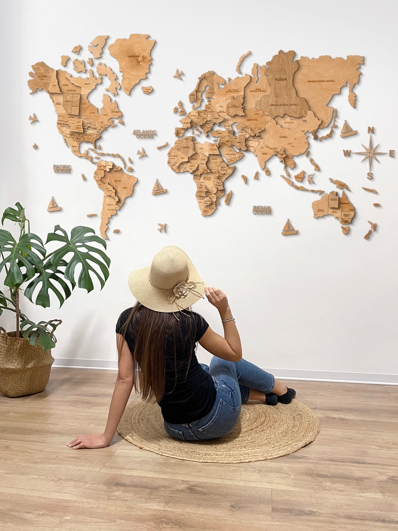 World Map by Decowoodmap, Gift for Travelers, Home Wall Decoration ...
