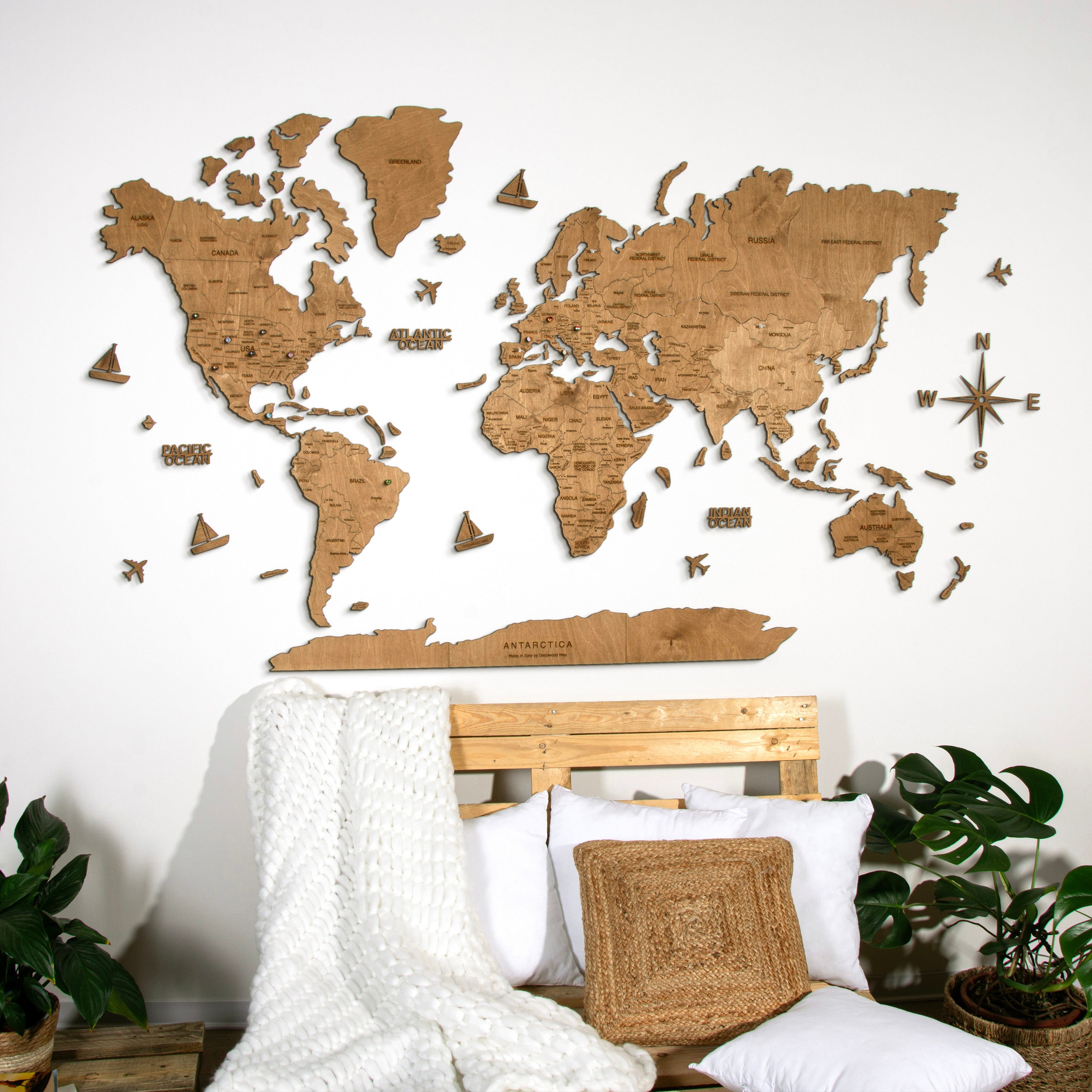 Wall Globe, Wooden World Map, Gift for New Home Wall, Decowoodmap Oak ...