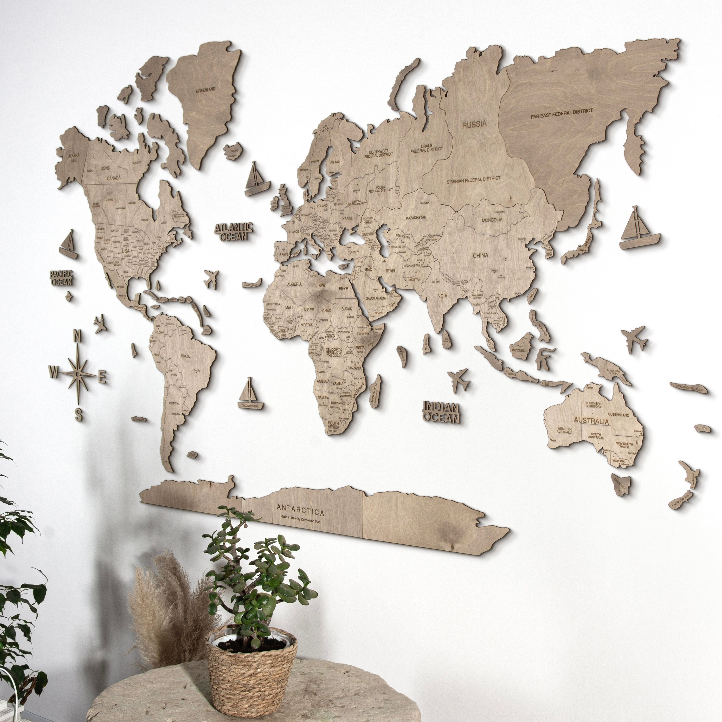 Gift for Travellers, Gray Decowoodmap World Map, Wall Decoration for a ...