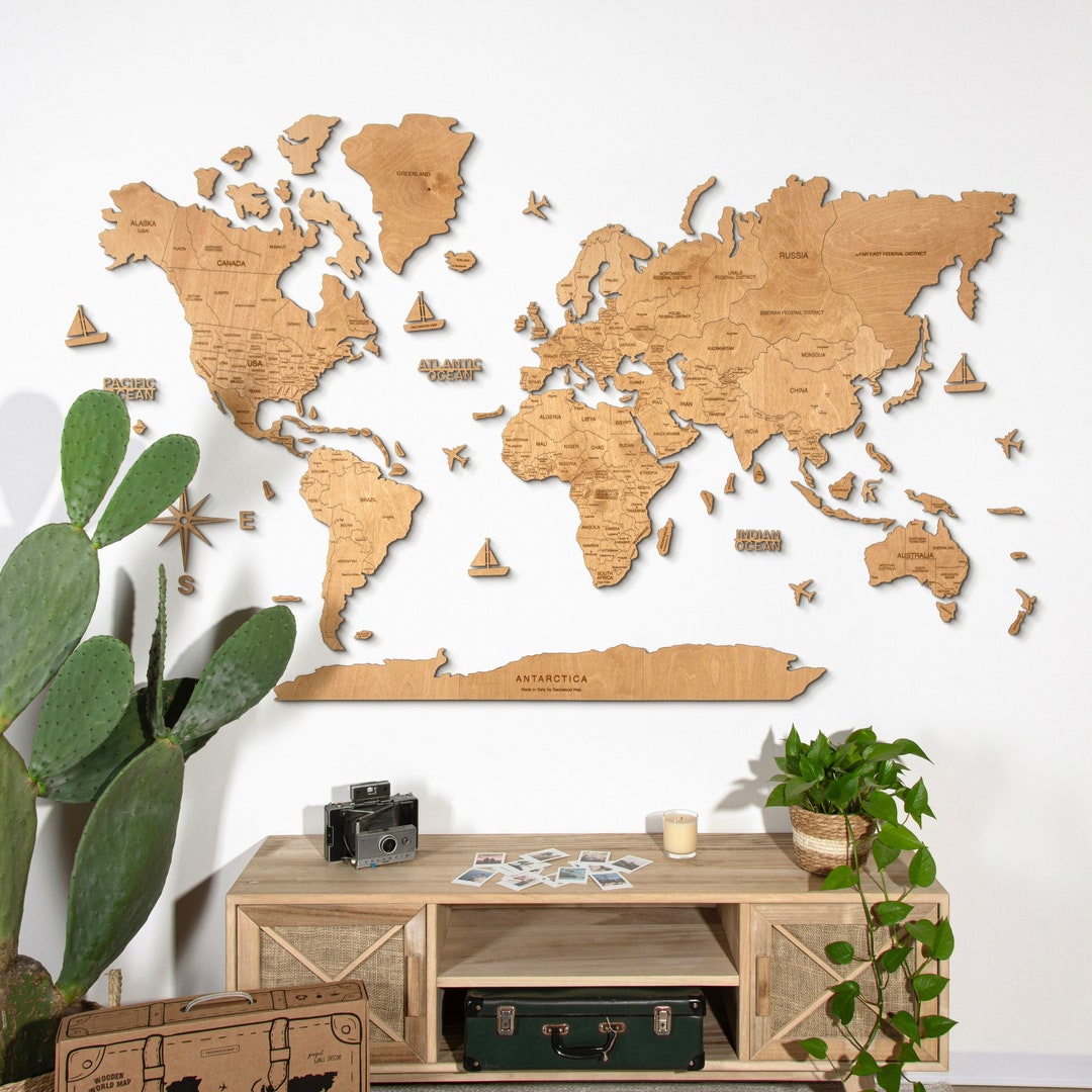 Wooden World Map, Gift for Travellers, Decowoodmap Light World Map ...