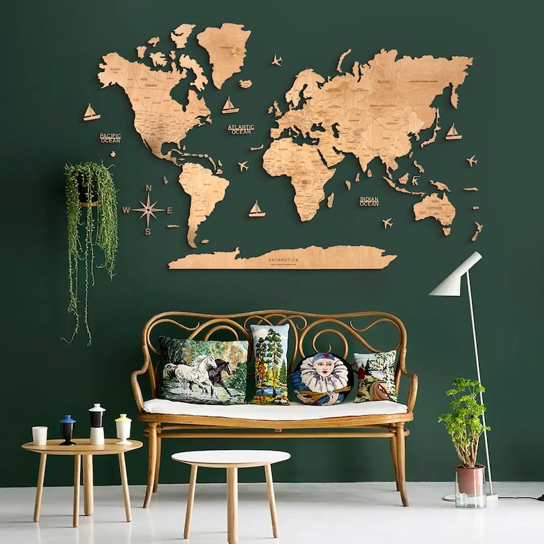 Wooden World Map, Gift for Travellers, Decowoodmap Light World Map ...