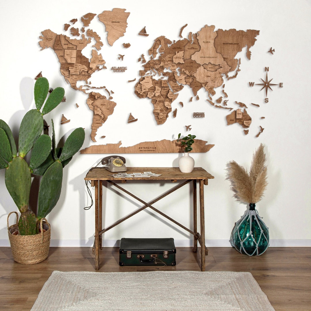Wooden World Map Decoration, Home Wall Decor, Gift for Travellers ...