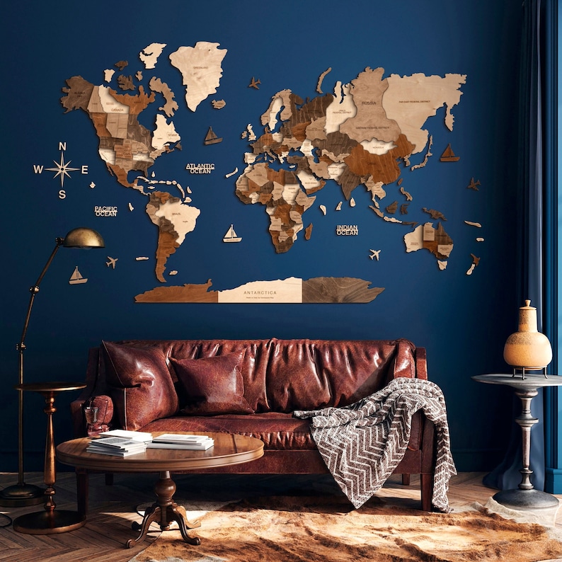 3D Wooden World Map, Office Decor Decowoodmap, Multicolor World Map ...