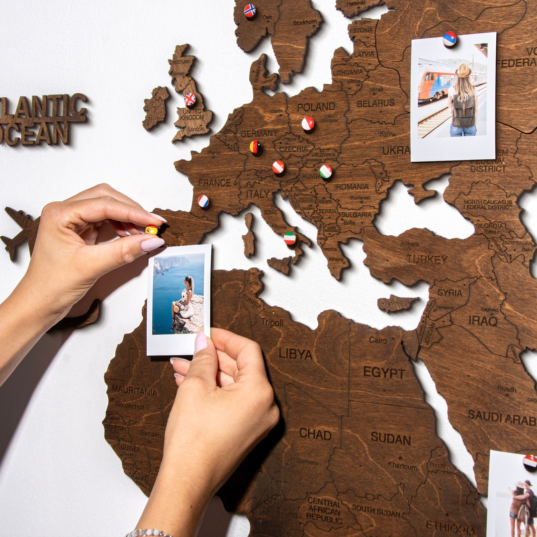 World Map in Walnut Wood, Gift for Travelers, Decowoodmap World Map ...
