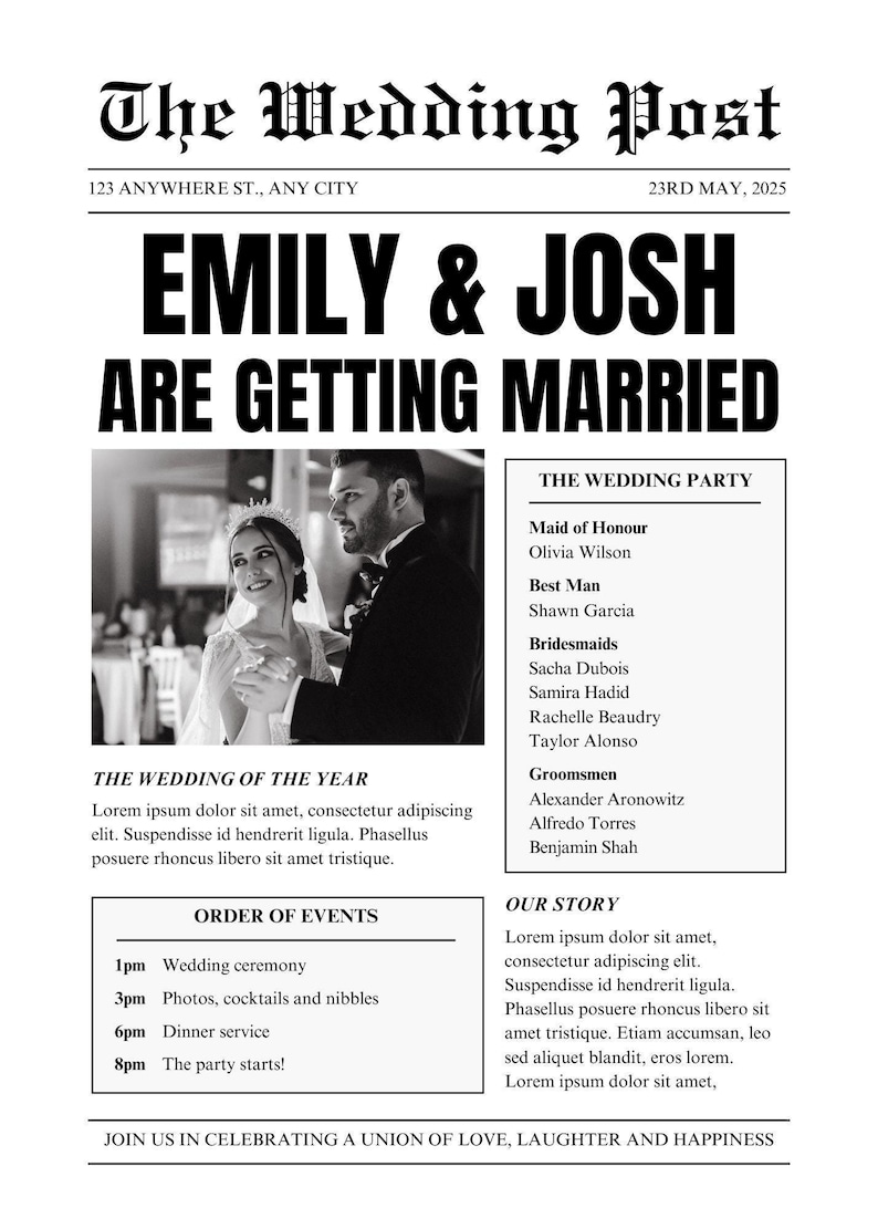 Wedding Newspaper Program Template: Editable Itinerary - Etsy
