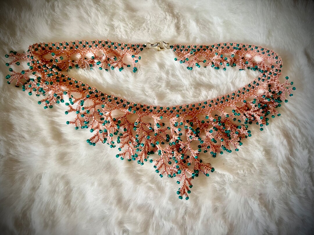 Beaded Peach Coral and Blue Sea Glass Coral Reef Choker Necklace - Etsy