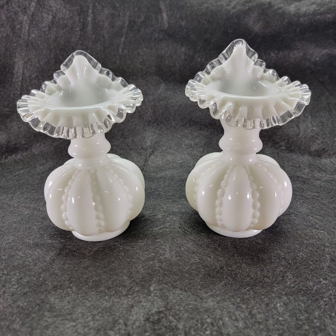 Pair of Fenton Silver Crest Beaded Melon Art Glass Vases - Etsy