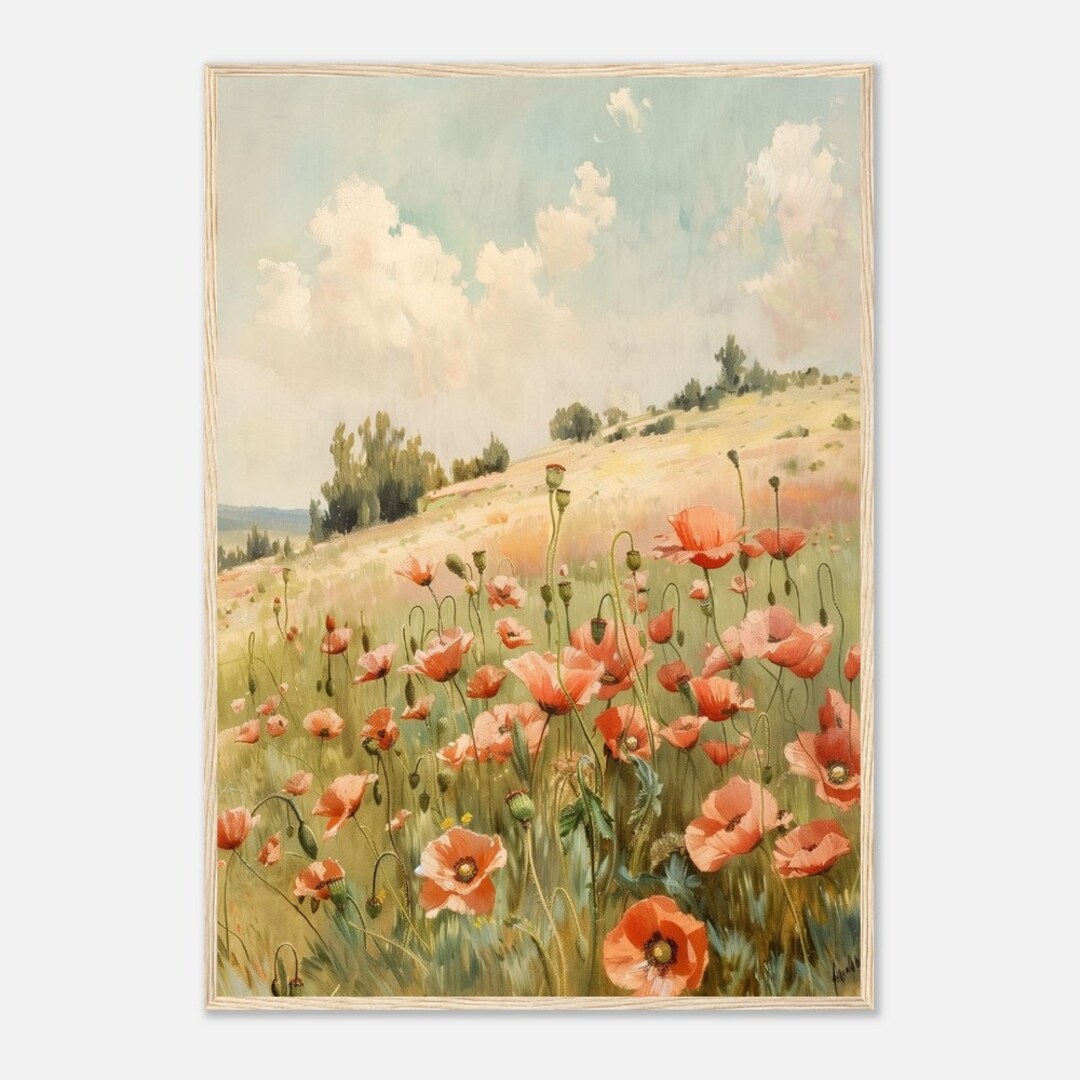 Scarlet Field, Vintage Oil Painting Print, Rustic Art, Vintage Wall Art ...