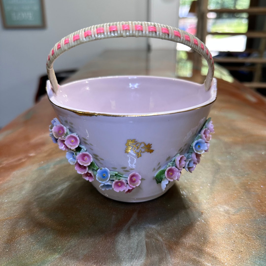 Lefton China Pail Basket Planter Bucket Hand Painted Porcelain Pink ...