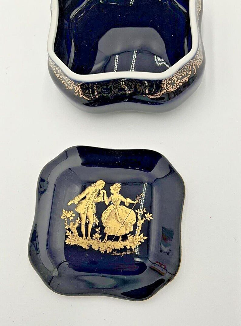 Limoges Castel France Trinket Box Square Cobalt Blue Courting Couple ...