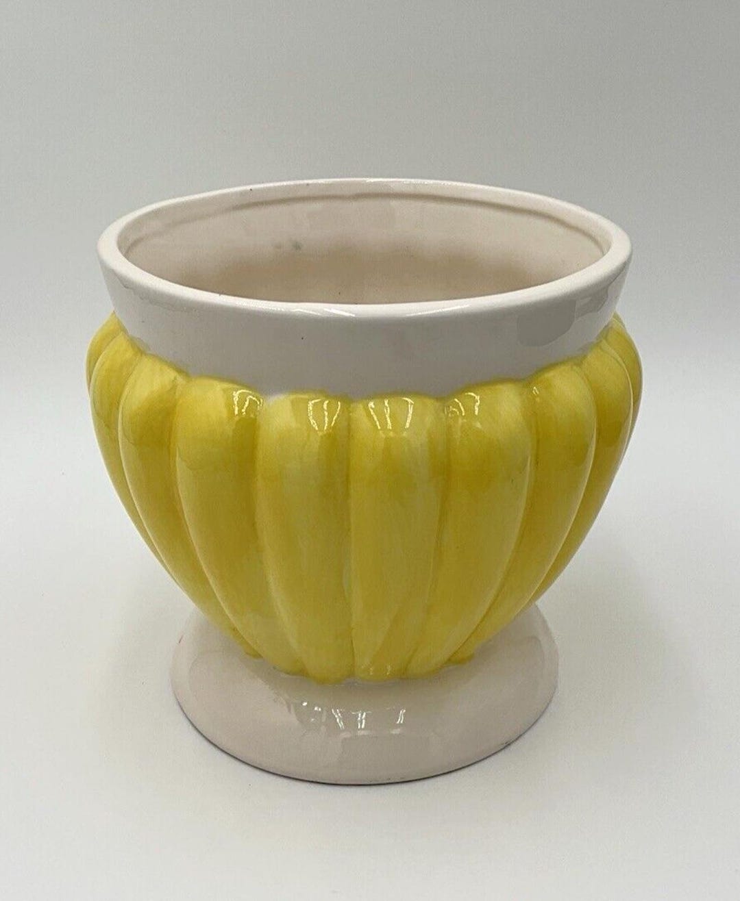 Vintage Yellow Ribbed Pedestal Planter Ceramic Sunshine Bold Cachepot ...