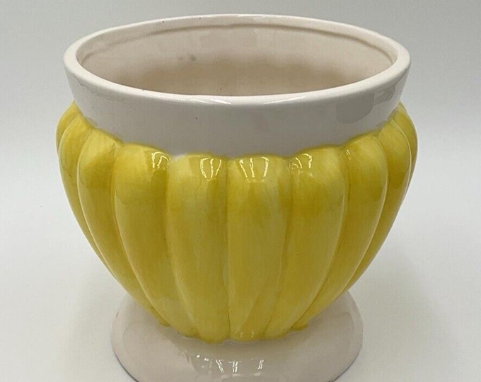 Vintage Yellow Ribbed Pedestal Planter Ceramic Sunshine Bold Cachepot ...