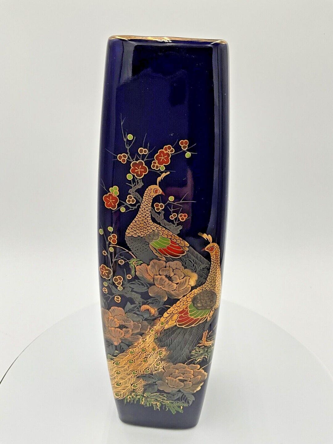 Vintage Japanese Vase Peacocks Cobalt Blue and Gold Accents Exotic ...