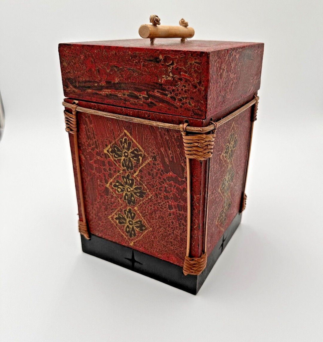 Vintage Thai Lidded Rice Box Hand Painted Handmade Black Red Bamboo ...