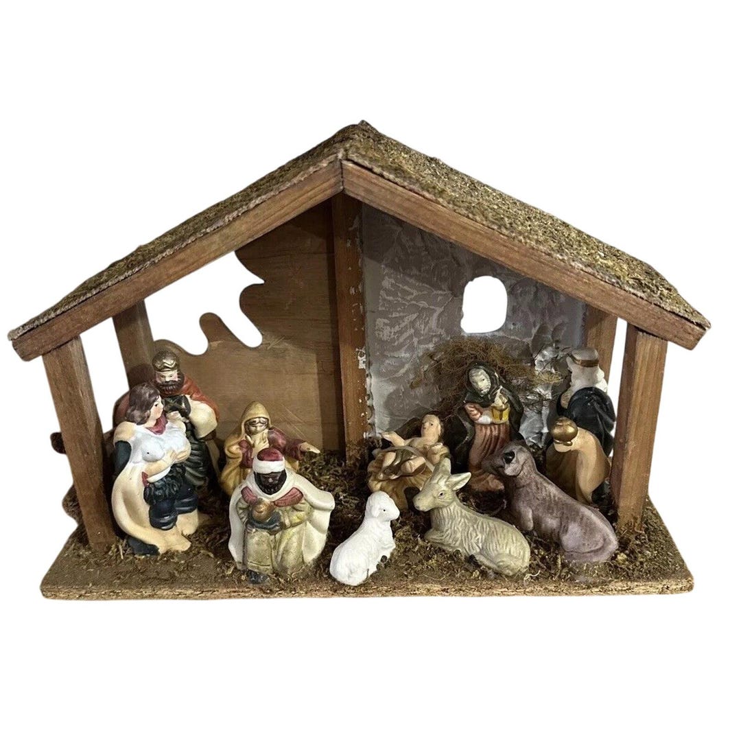 Vintage Christmas Wooded Nativity Static Set of 10 Piece Ceramic Wood ...