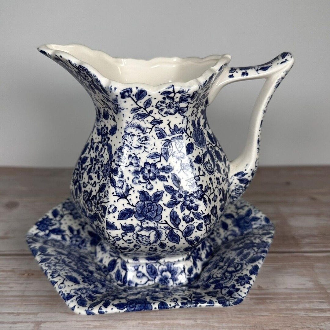 Vintage ENESCO Pitcher and Bowl Base Set Japanese Blue and White Floral ...