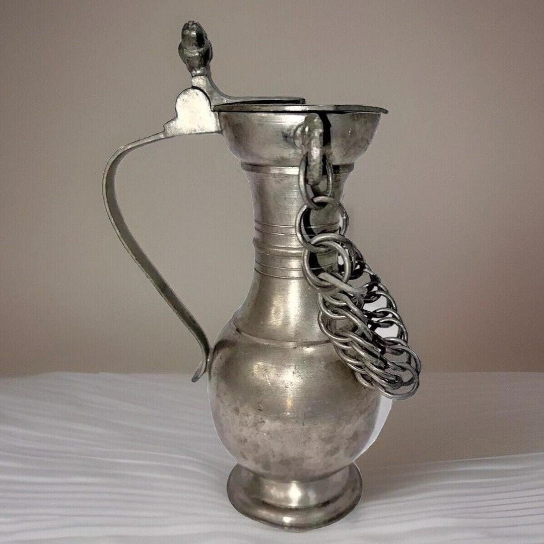 German Metal Pewter Chain Lid Tankard Pitcher Germany Early 1900 Acorn ...