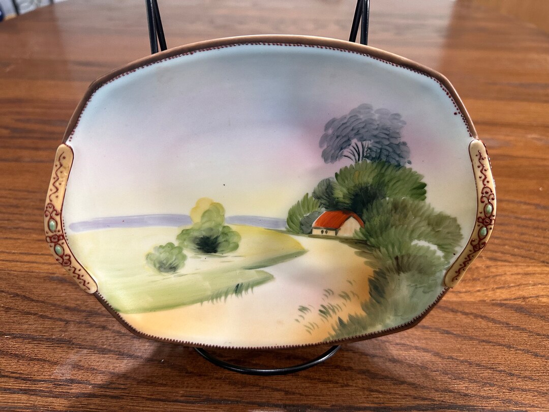 Nippon Tray Hand-painted Beaded Border Red Roof House Cottage Country ...