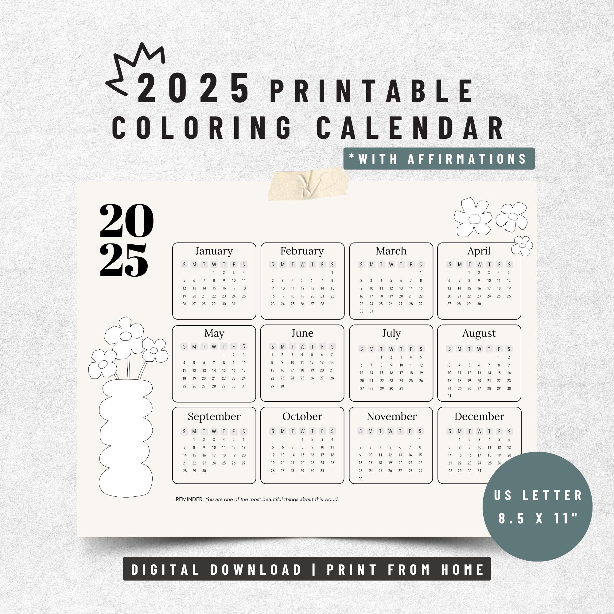 Coloring Calendar 2025 | Cute Calendar 2025 Printable With Affirmations ...