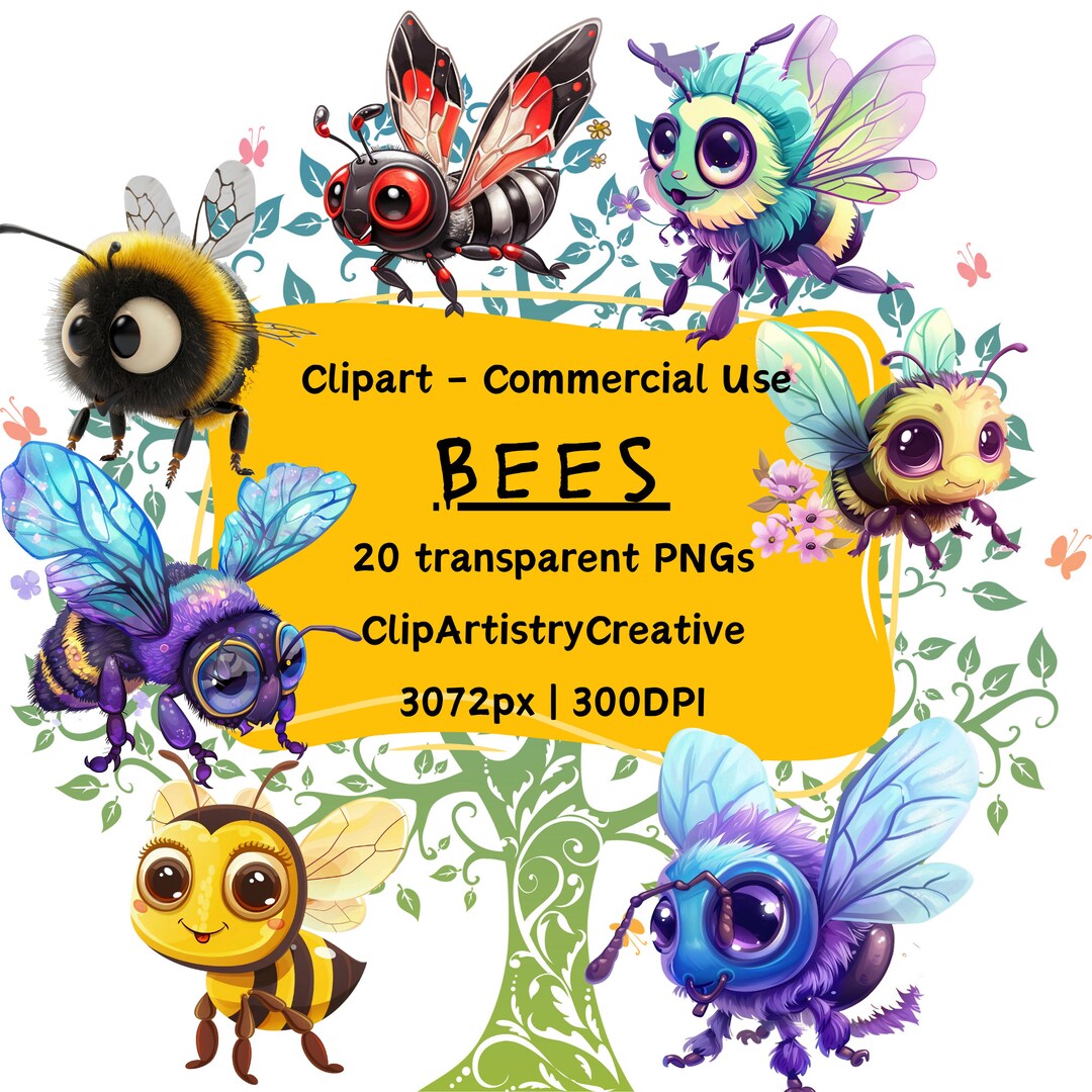 Cute Bees Clipart Bundle 20 PNG Transparent Background Digital Download ...