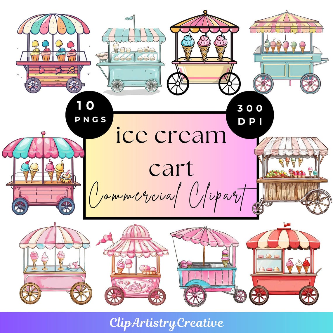 Ice Cream Cart Clipart Bundle PNG Transparent Background, Ice Cream ...