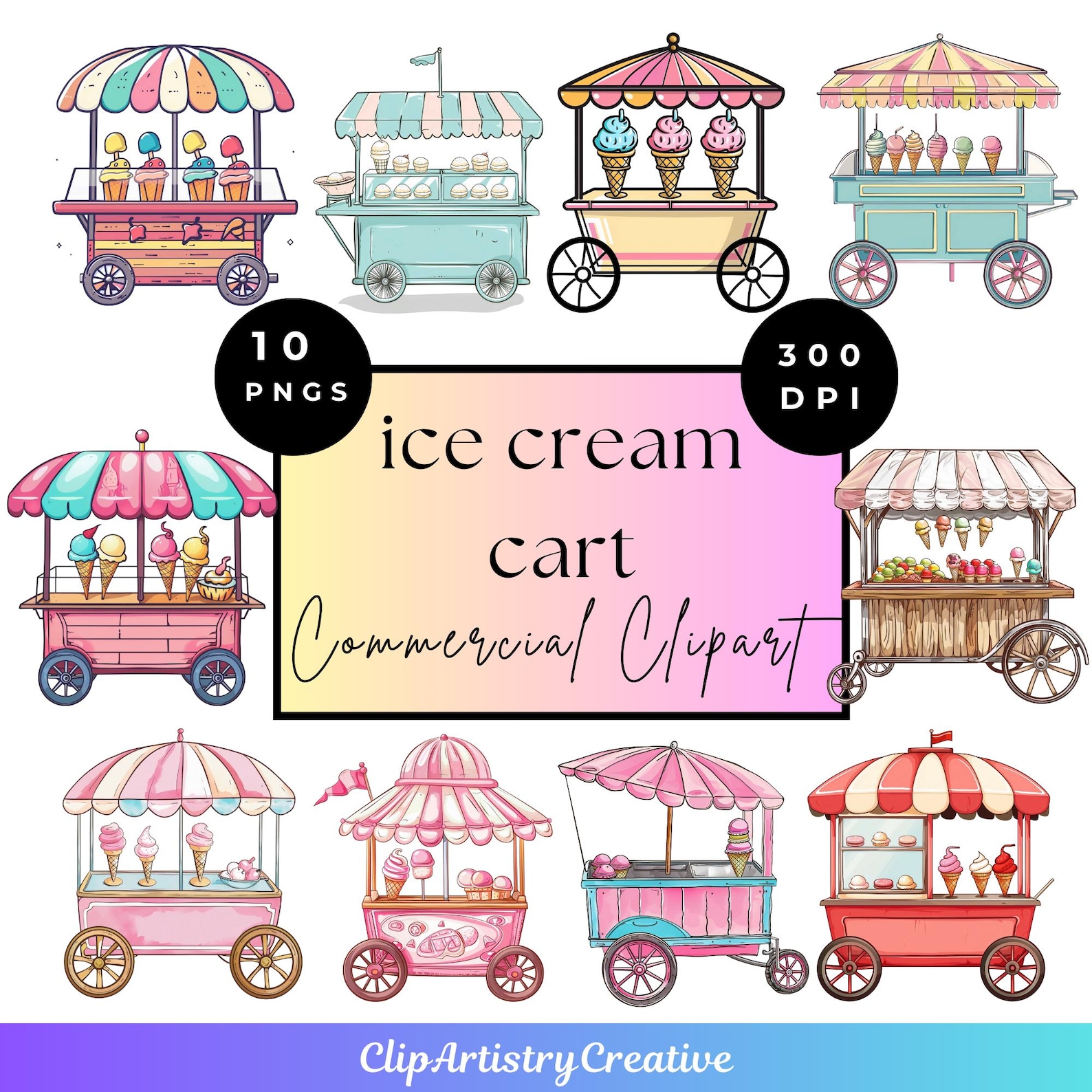 Ice Cream Cart Clipart Bundle PNG Transparent Background, Ice Cream ...