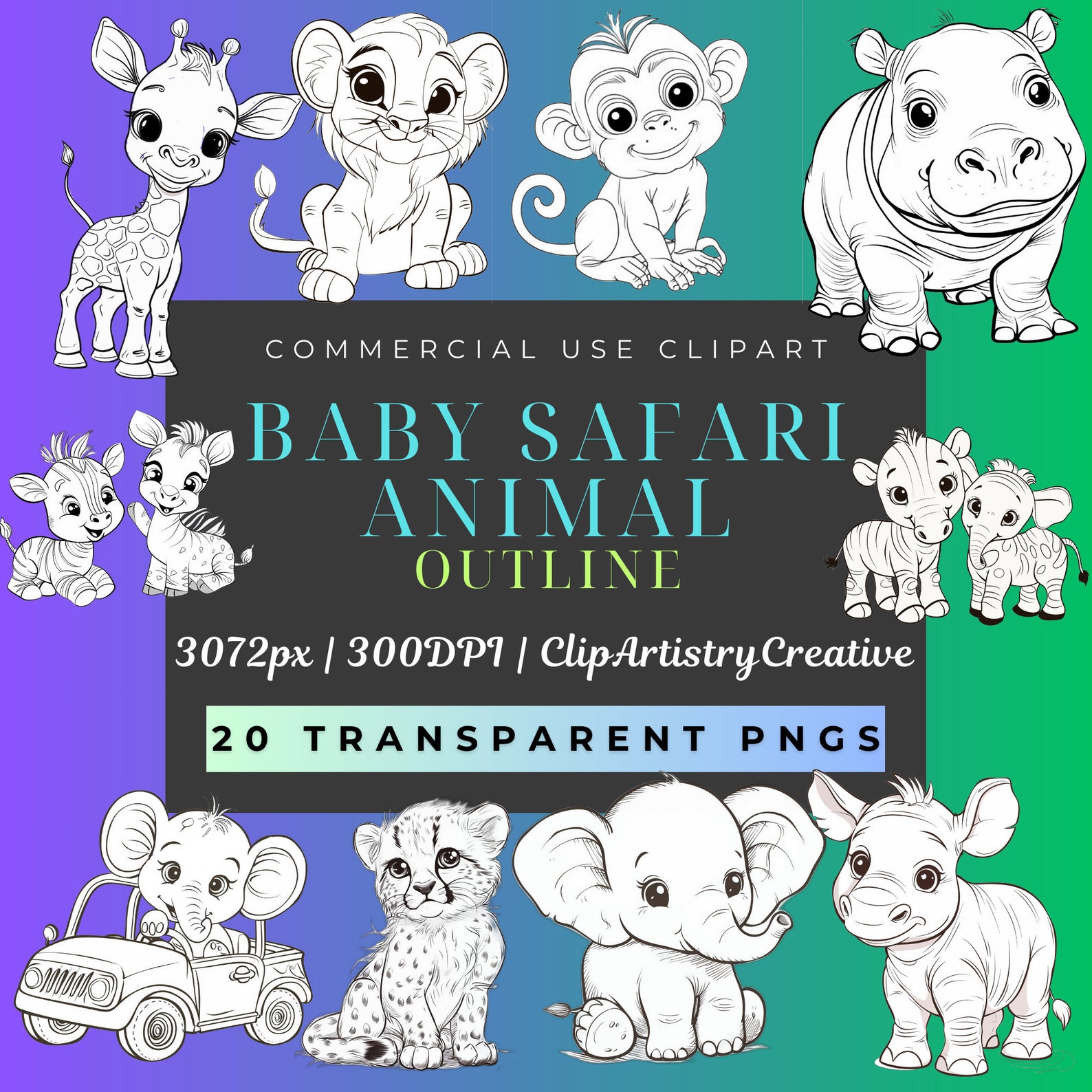 Baby Safari Animals Outline Line Art Clipart PNG Transparent Background ...