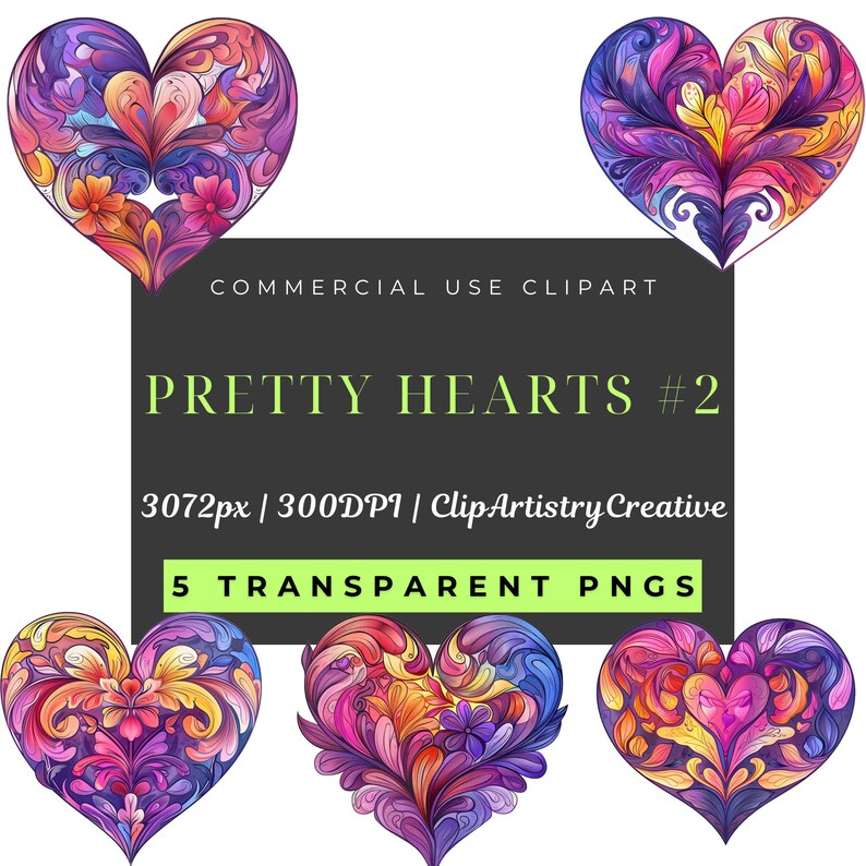 Pretty Hearts Clipart Bundle PNG Transparent Background Digital ...