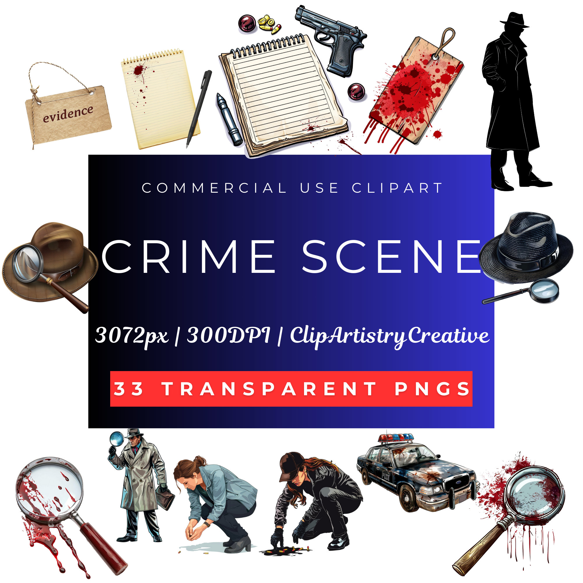 Crime Scene Clipart Bundle PNG Transparent Background Digital Download, Police Clipart, Crime ...