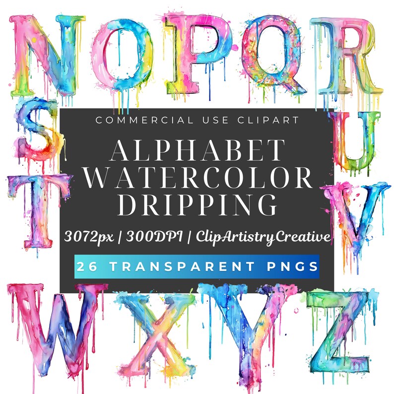 Alphabet Watercolour Dripping PNG Transparent Background Clipart Bundle ...